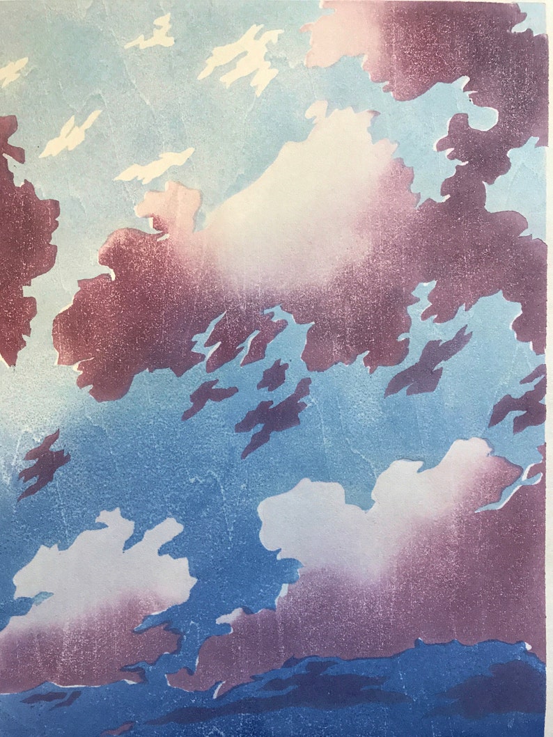 Clouds Japanese Woodblock print printmaking woodcut sky | Etsy
