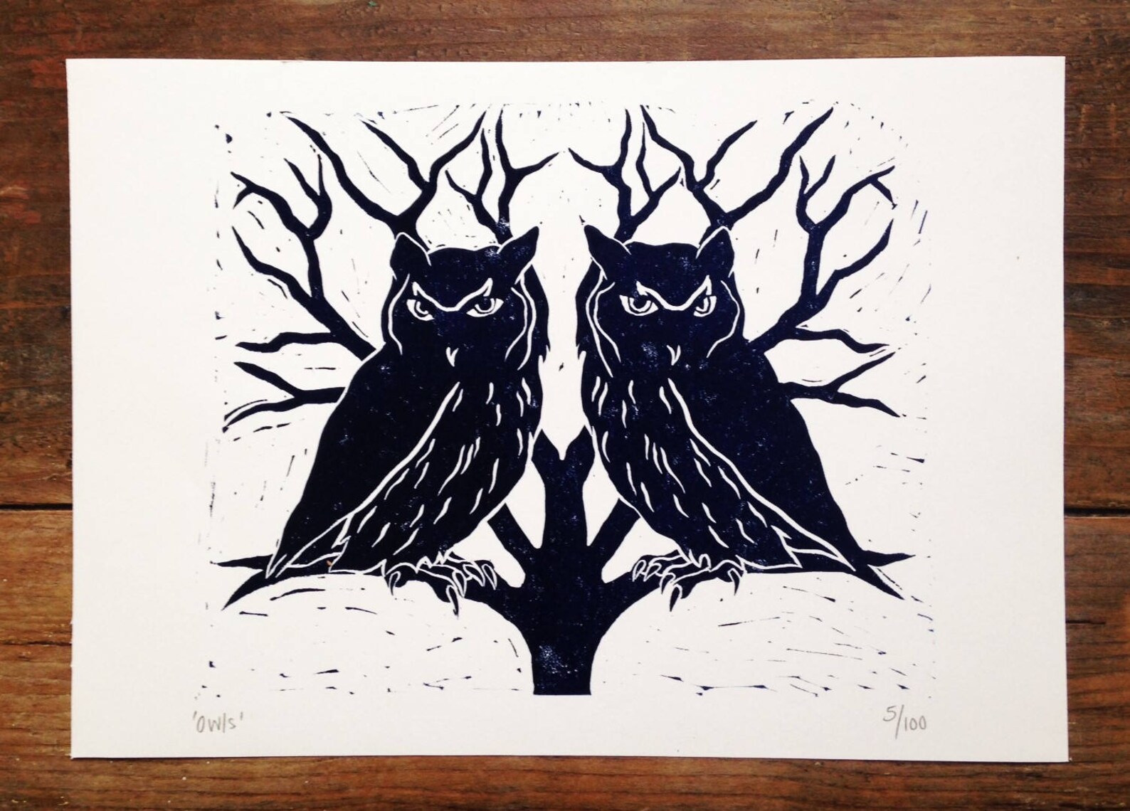 Owl Lino Print Blue Owl Artwork Printmaking Lino Cut Block - Etsy