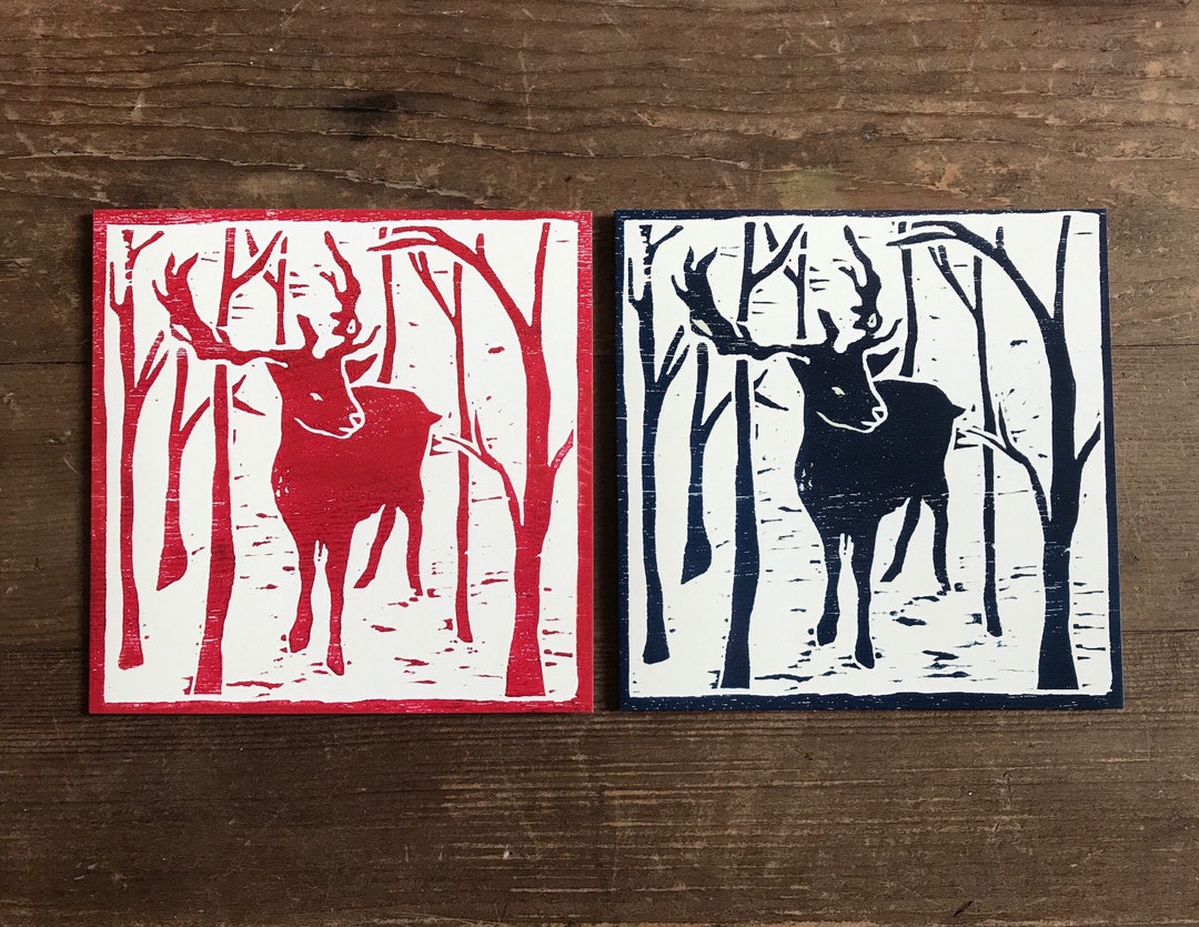 10 Reindeer Christmas Cards, Woodblock Print, Pack, Set of Holiday ...