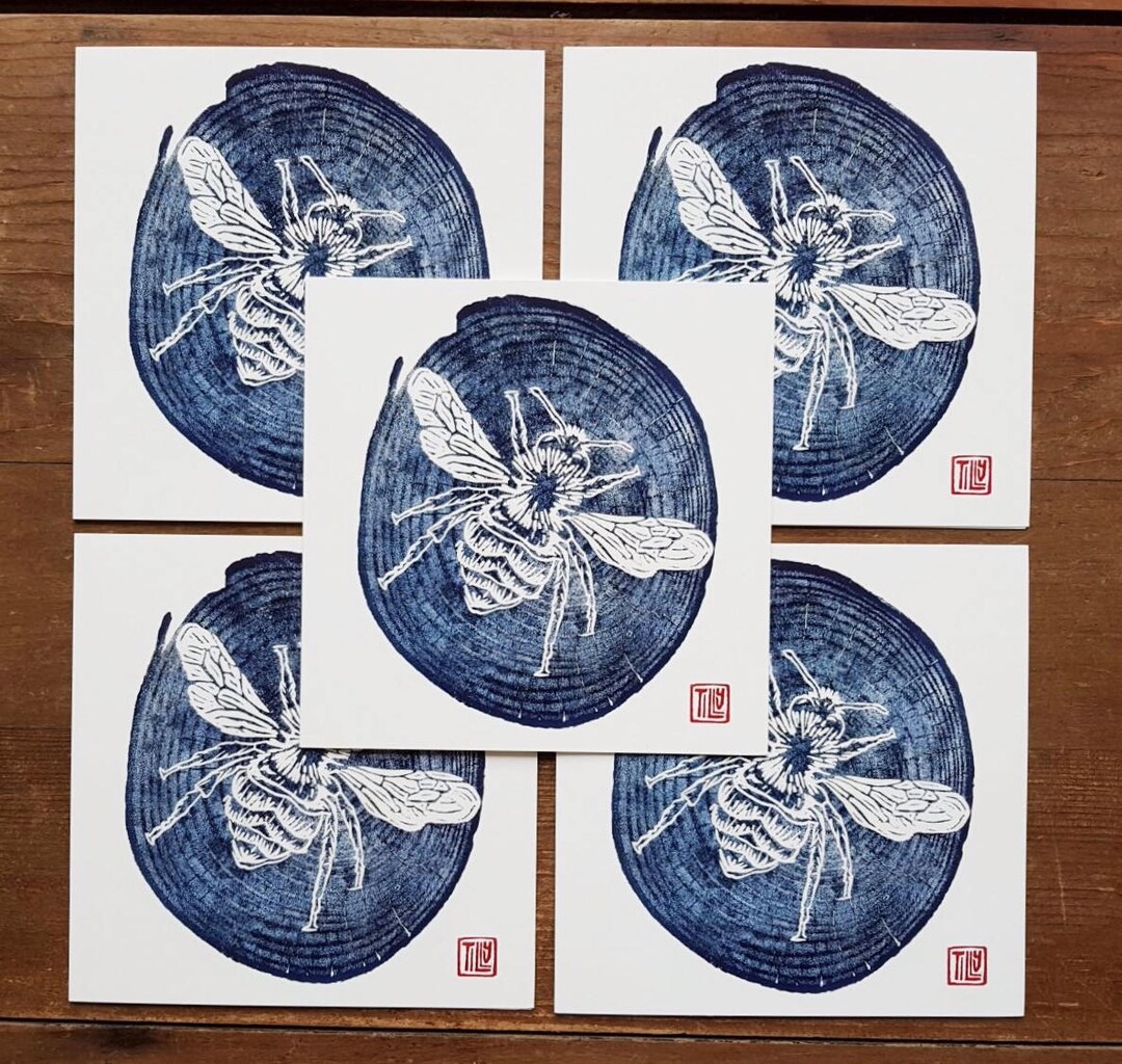Pack of 5 Bee Cards, Japanese Woodblock Print, Woodcut, Printmaking ...
