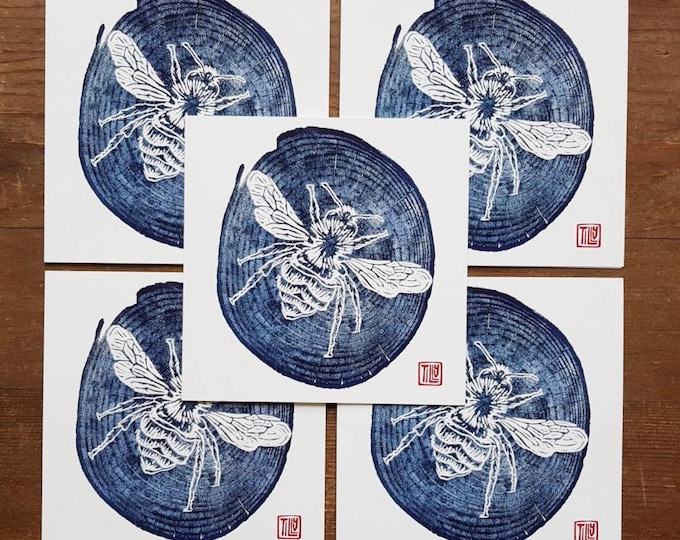 Pack of 5 Bee Cards, Japanese Woodblock Print, Woodcut, Printmaking ...