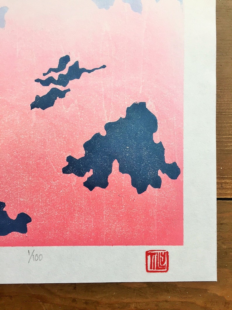 Clouds Japanese Woodblock print printmaking woodcut sky | Etsy