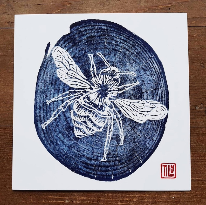 Bee Card Woodcut Print Woodblock Printmaking Blue Print - Etsy