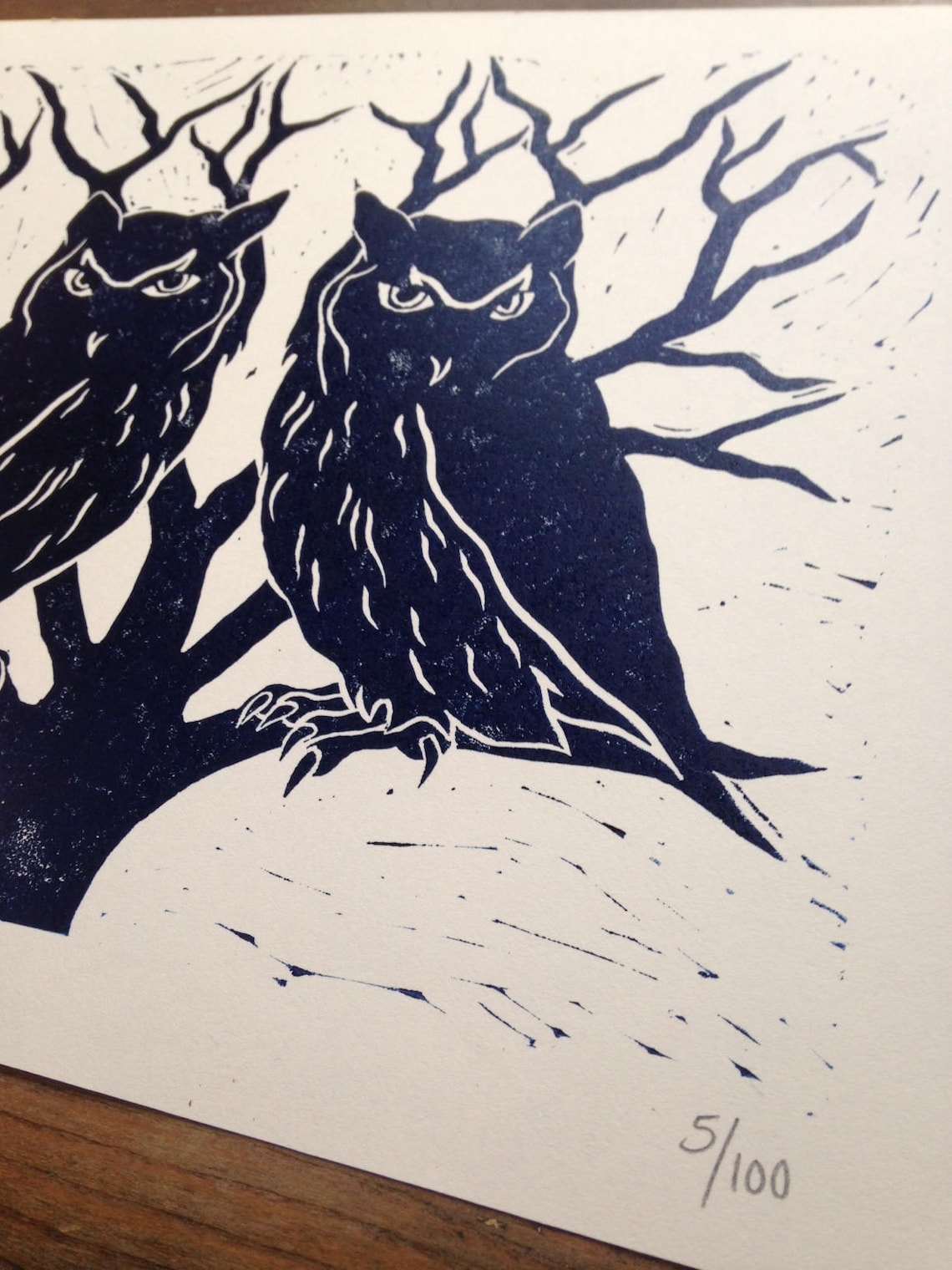 Owl Lino Print Blue Owl Artwork Printmaking Lino Cut Block - Etsy
