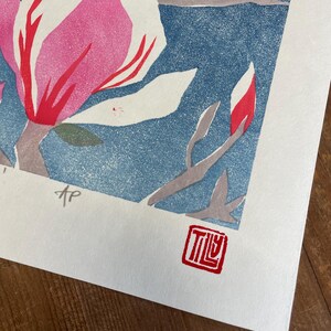 Magnolia Woodcut, Japanese Woodblock Print, Flowers, Pink, White, Blue ...