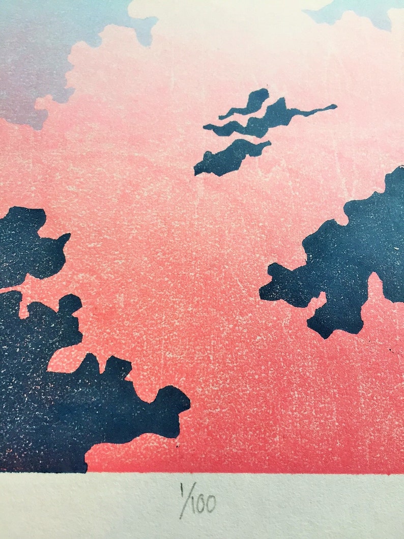 Clouds Japanese Woodblock print printmaking woodcut sky | Etsy