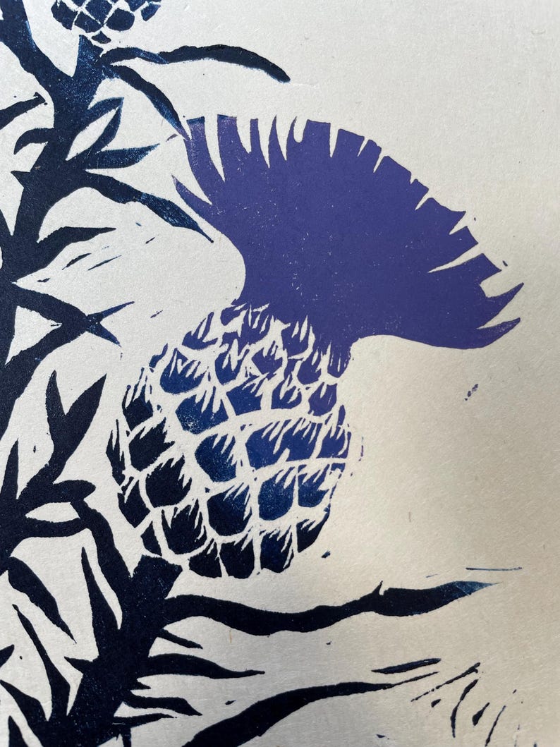 Thistle Linocut, Lino Print, Flowers, Blue, Purple, Original Art Print ...