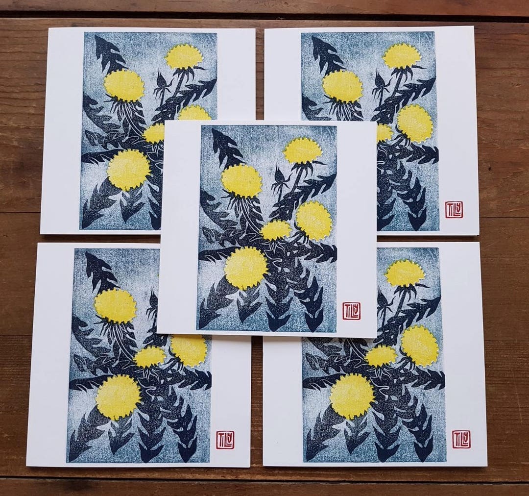 Pack of 5 Dandelion Cards Woodblock Print Woodcut Nature - Etsy