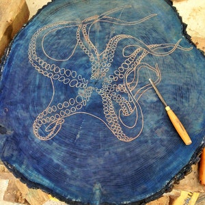 Octopus Woodcut, Huge Japanese Woodblock Print, Oversized, Tree Ring ...