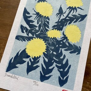 Dandelion Woodcut, Japanese Woodblock Print, Flowers, Yellow, Blue ...
