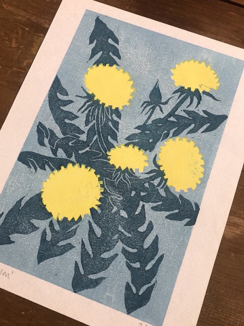 Dandelion woodcut Japanese woodblock print flowers yellow | Etsy