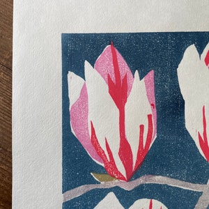 Magnolia Woodcut, Japanese Woodblock Print, Flowers, Pink, White, Blue ...
