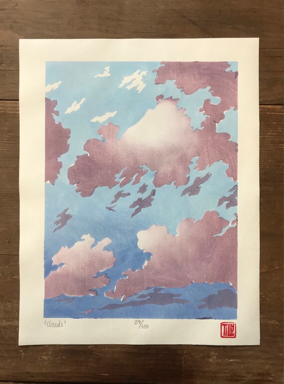 Clouds Japanese Woodblock print printmaking woodcut sky | Etsy