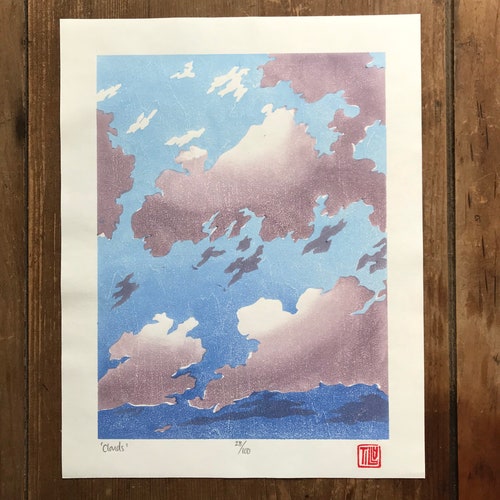 Clouds Japanese Woodblock Print Printmaking Woodcut Sky - Etsy