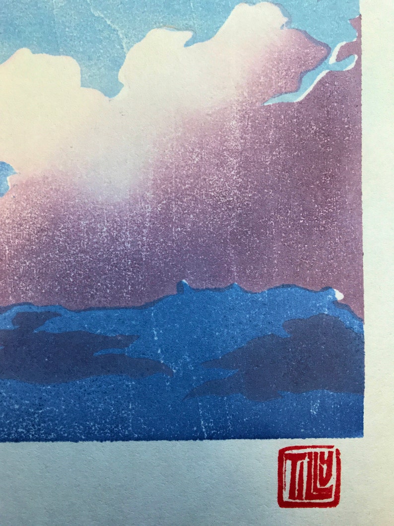 Clouds Japanese Woodblock print printmaking woodcut sky | Etsy