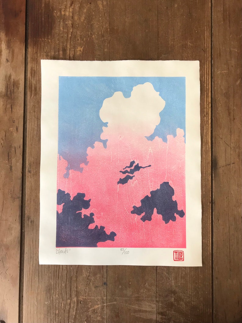 Clouds Japanese Woodblock Print Printmaking Woodcut Sky - Etsy