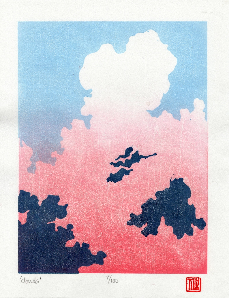 Clouds Japanese Woodblock print printmaking woodcut sky | Etsy