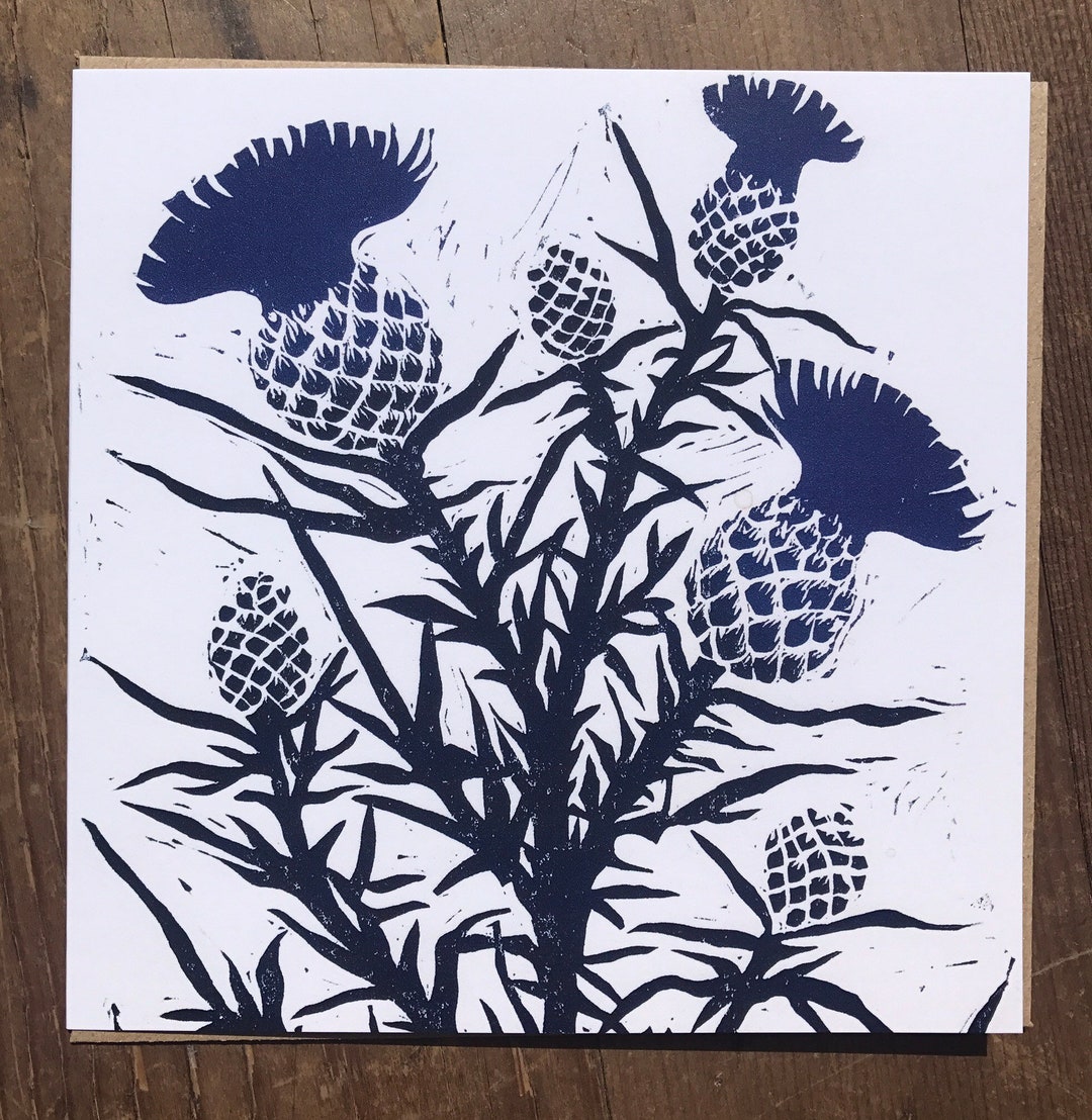 Thistle Card, Lino Print, Linocut, Block Print Blue Print, Birthday, Thank You, Note Card, Art ...