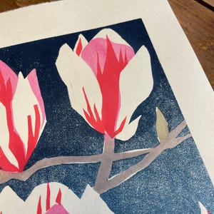 Magnolia Woodcut, Japanese Woodblock Print, Flowers, Pink, White, Blue ...