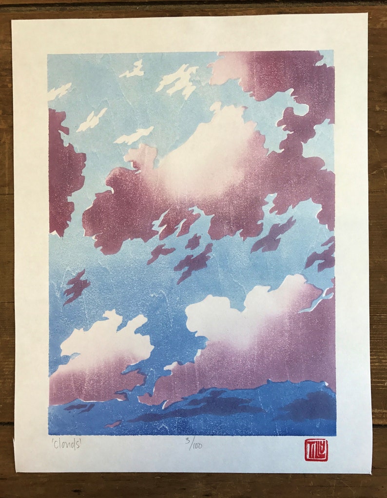 Clouds Japanese Woodblock print printmaking woodcut sky | Etsy