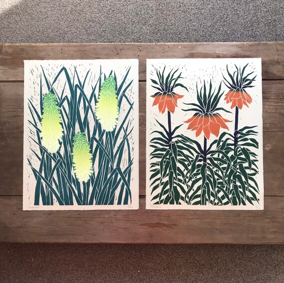 Set of Two Botanical Lino Prints Large Original Lino Cuts on - Etsy
