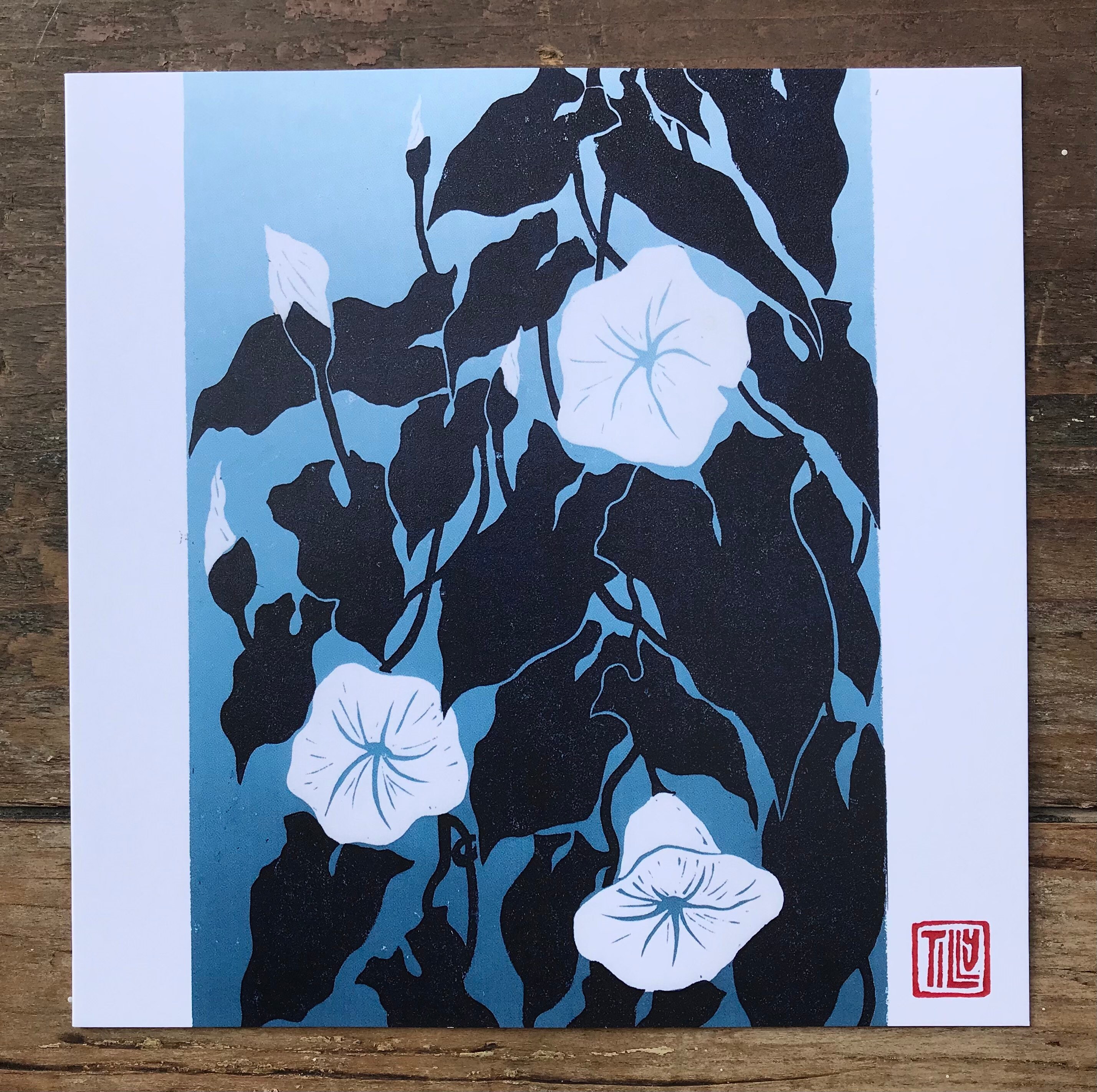 Lino print card Bindweed printmaking blue print Japanese | Etsy