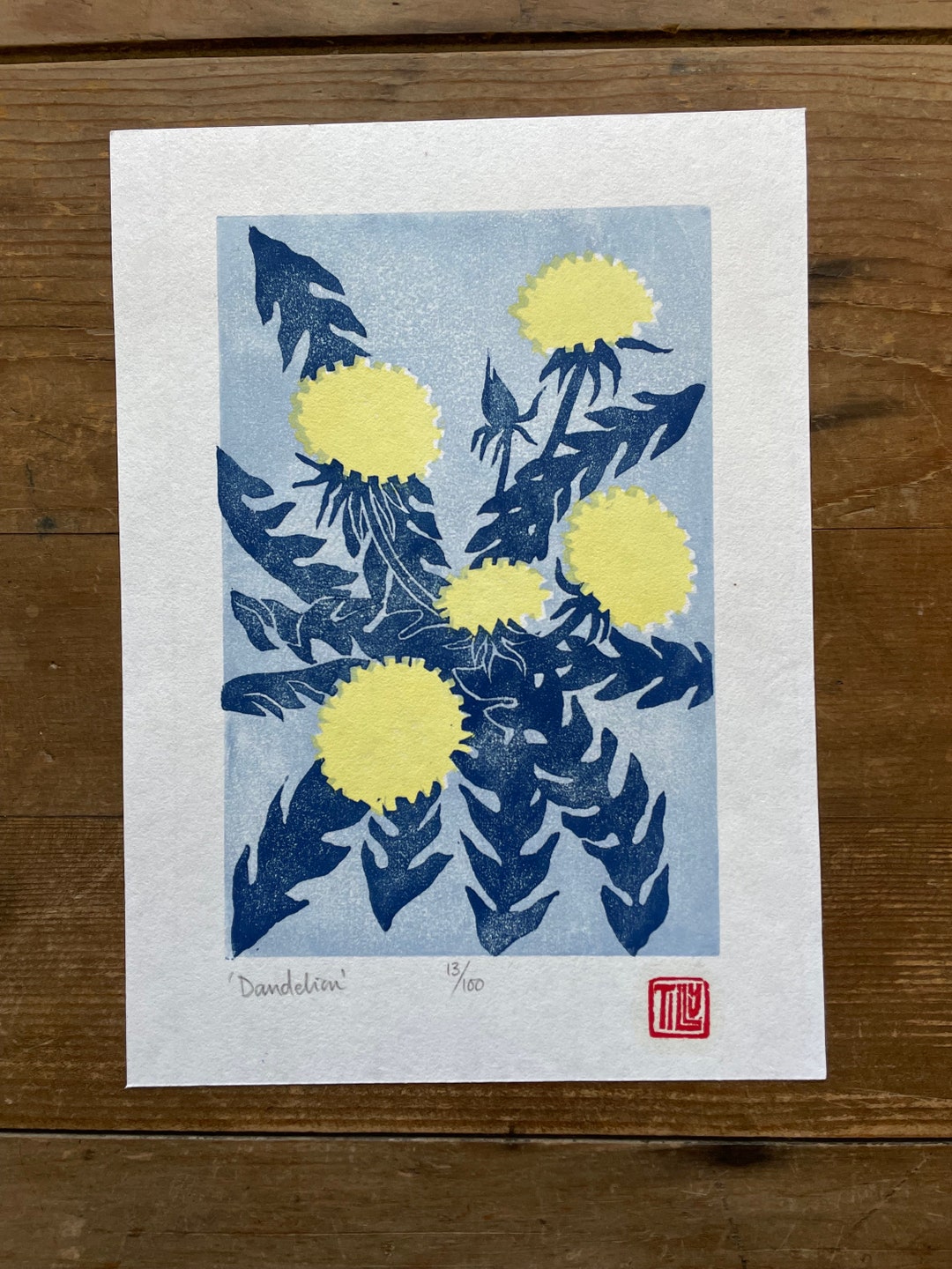 Dandelion Woodcut, Japanese Woodblock Print, Flowers, Yellow, Blue ...