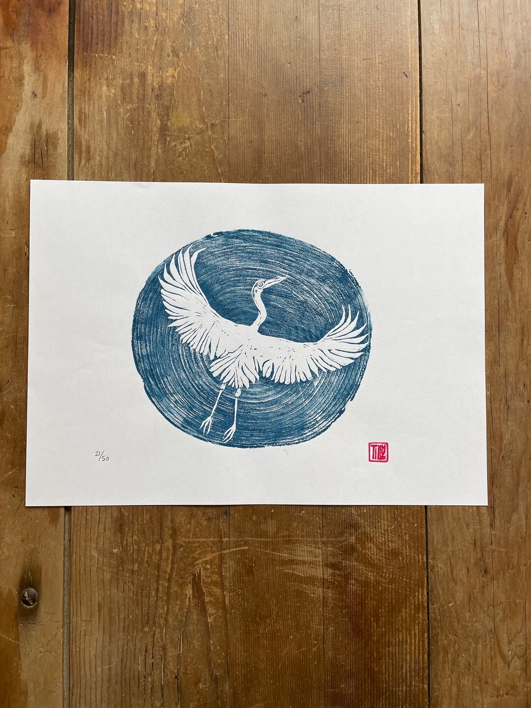 Heron Woodblock Print Blue, Woodcut, Japanese, Hand Pulled Print, Water ...
