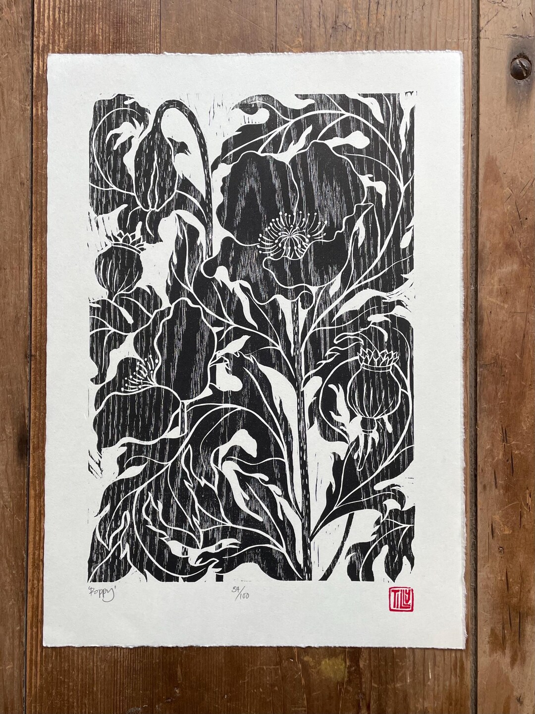 Poppy Woodblock Print, Woodcut, Printmaking, Large, Leaves, Plants ...