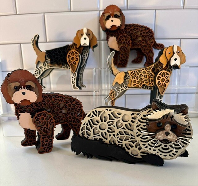 Laser 3D Wood Mandala Cat & Dog, Decorative Hand Painted Pet Mandala ...