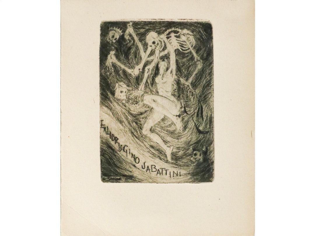 1948 Italian Engraving Bookplate (ex Libris), Woman With Skeletons - Etsy