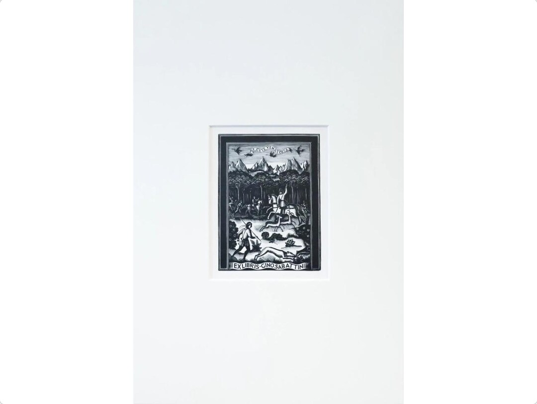 1938 Italian Engraving Bookplate (ex Libris), De Arte Venatoria (matted ...