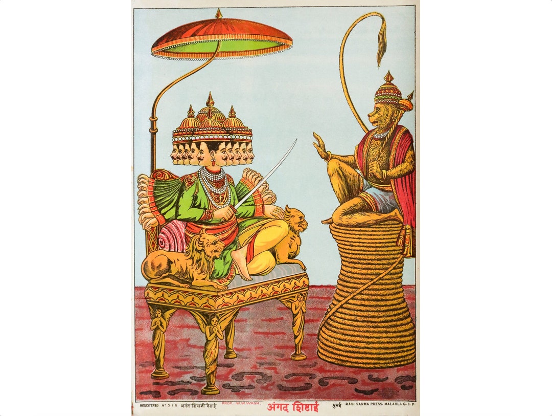 1920 Indian Offset Lithography, Angada at Ravana's Court multiplied God ...