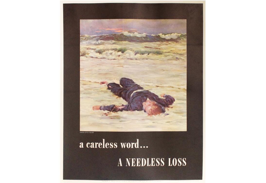 1943 Original American Propaganda Poster, A Careless Word... a Needless ...