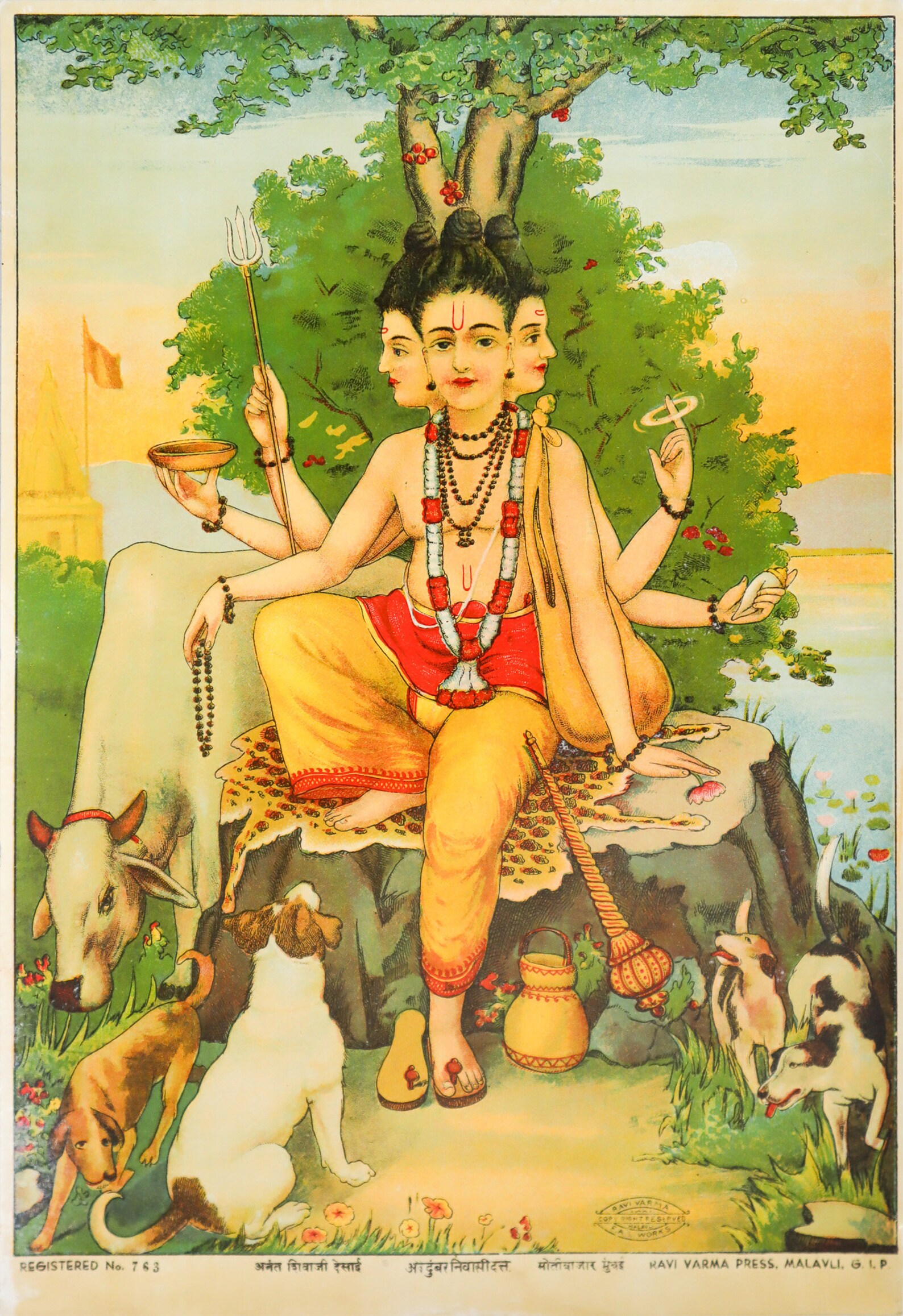 1920 Indian Offset Lithography, Seated Dattatraya - Seated Three Headed ...