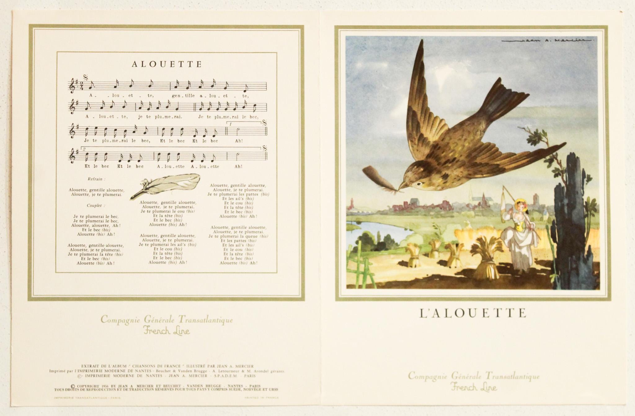1956 French Music Sheet, " L'alouette ", Extrait De L'album "chansons ...