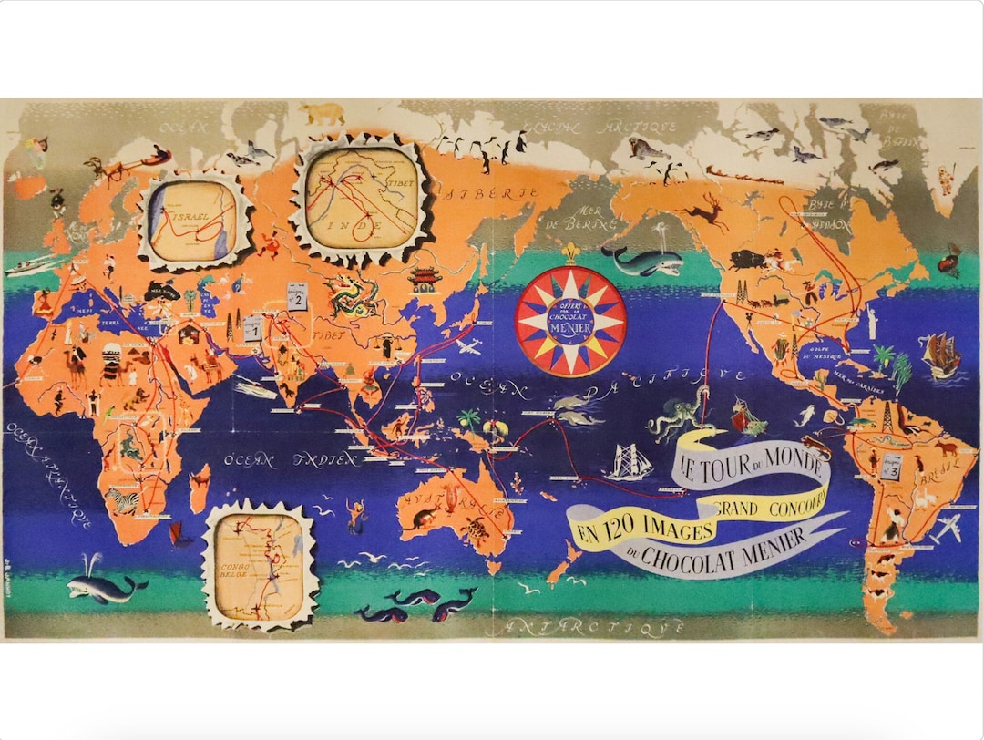 1956 French World Map Poster - Chocolat Menier, Le Tour Du Monde En 120 ...