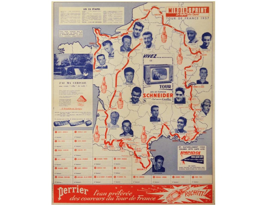 1957 Tour De France Map, Perrier (linen Backed) - Etsy