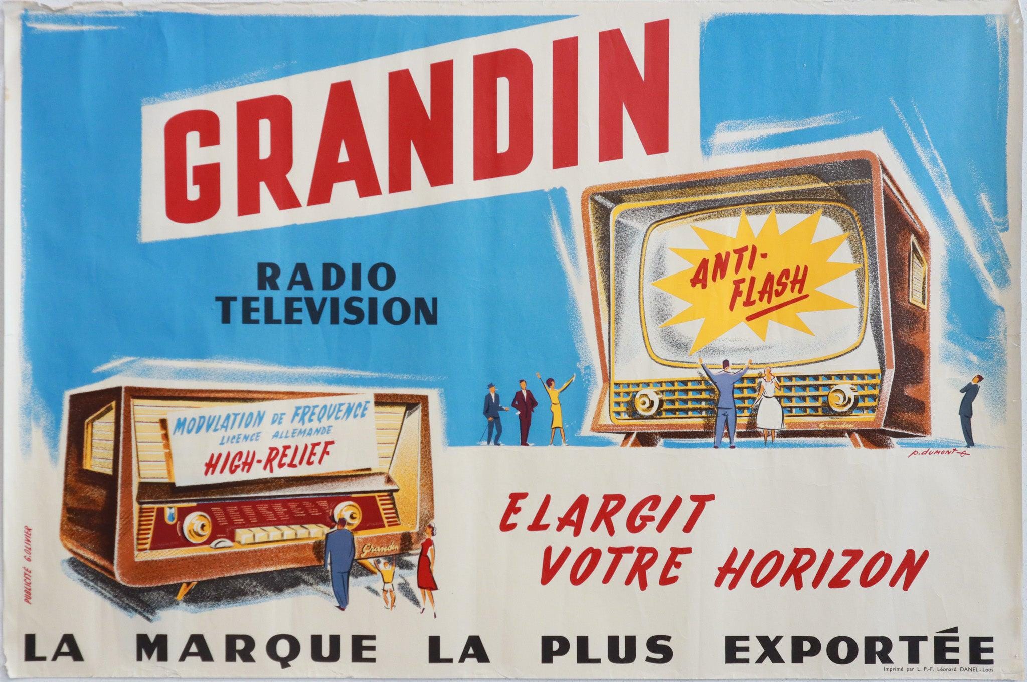 1950's French Advertisement Poster Grandin Radio Television P. Dumont ...