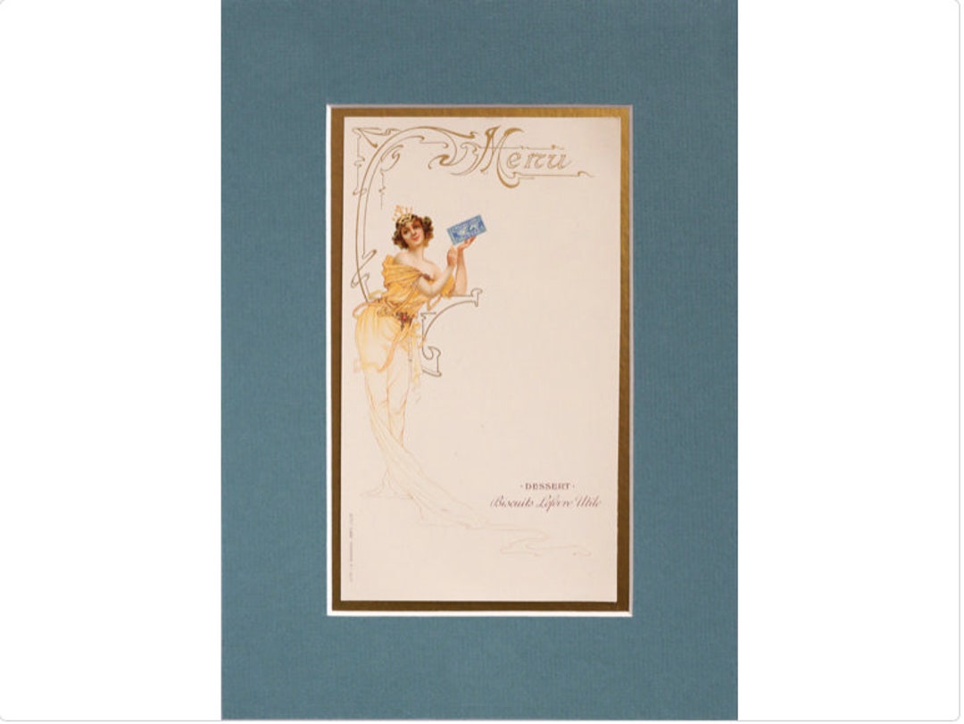 1900 Original French Advertising Menu (woman in Gold Dress Holding Blue ...