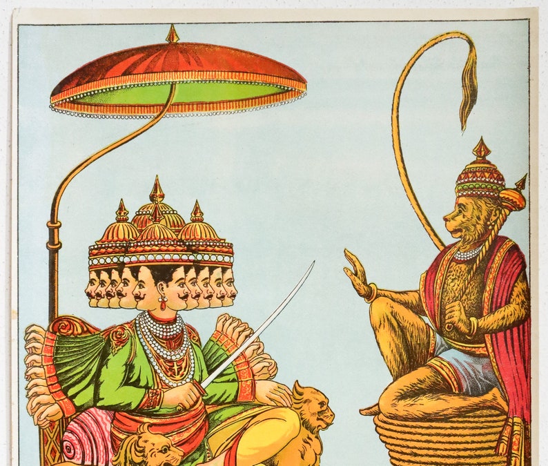 1920 Indian Offset Lithography, Angada at Ravana's Court multiplied God ...