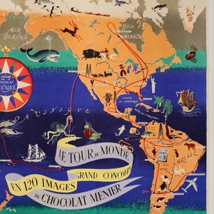 1956 French World Map Poster - Chocolat Menier, Le Tour Du Monde En 120 ...
