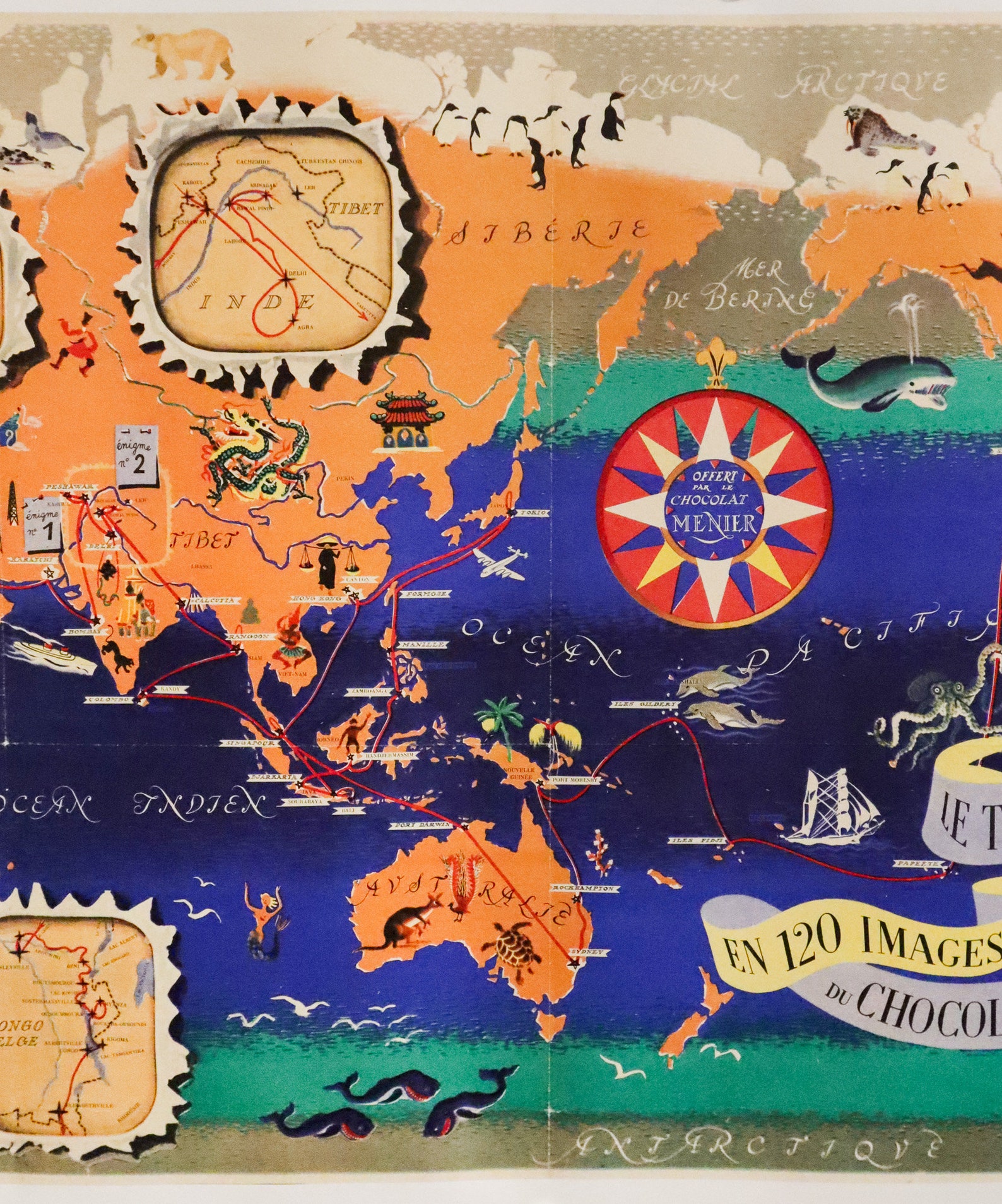 1956 French World Map Poster - Chocolat Menier, Le Tour Du Monde En 120 ...