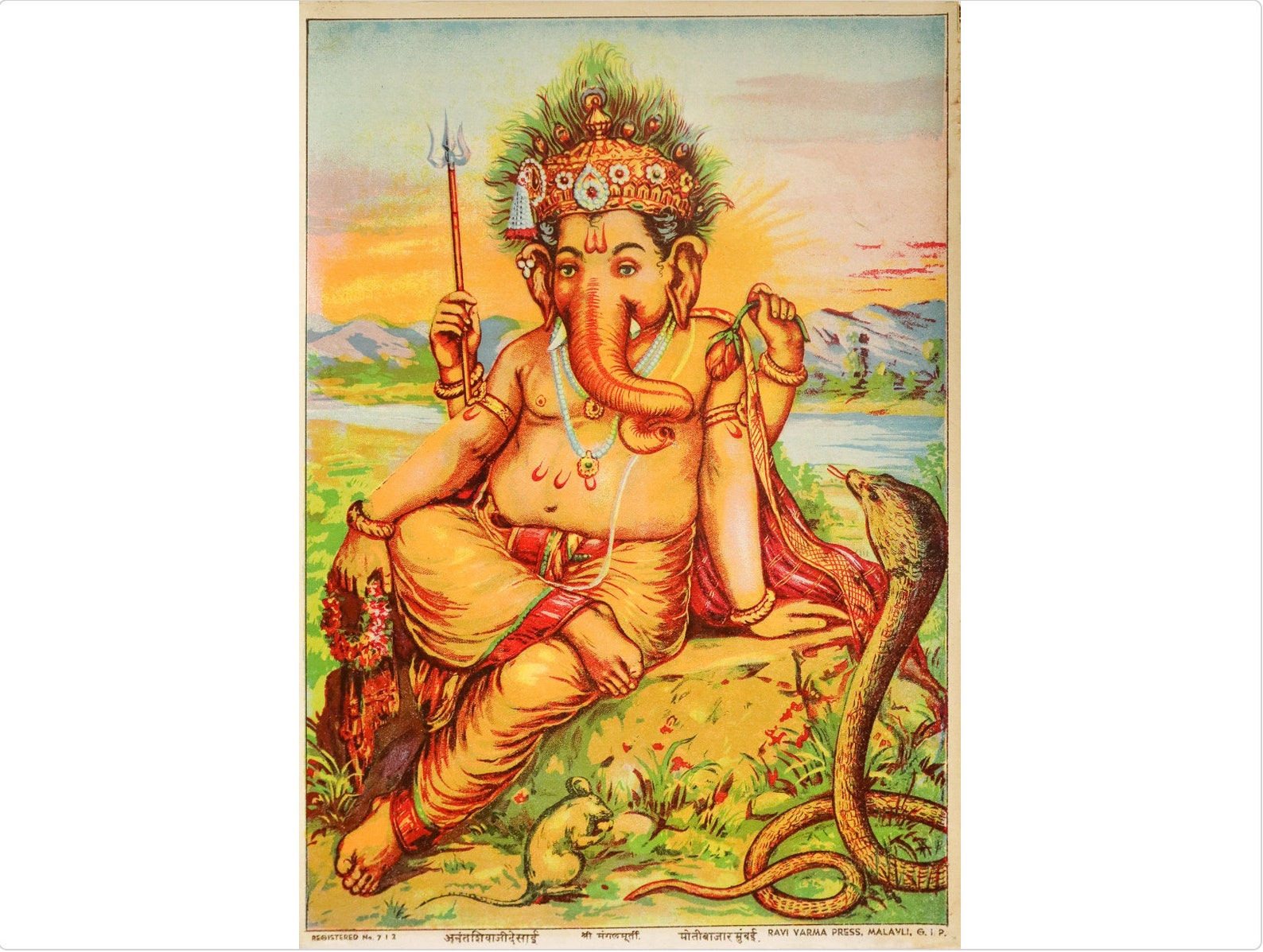 1920 Indian Offset Lithography, Ganesh, Elephant God Ravi Varma Press ...