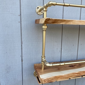 Copper Pipe Bookshelf Gold Metal Bar Shelf Wood Wall Mount Brass ...