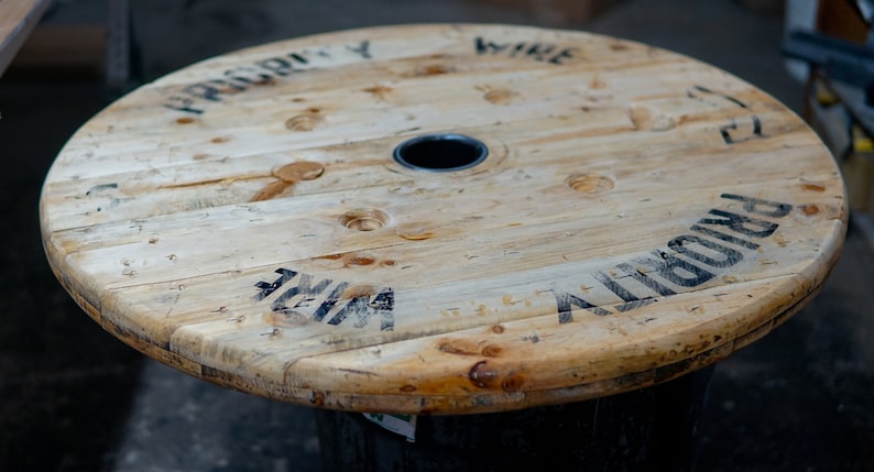 Round Wood Table Spool Coffee Table Industrial Upcycled Wire | Etsy