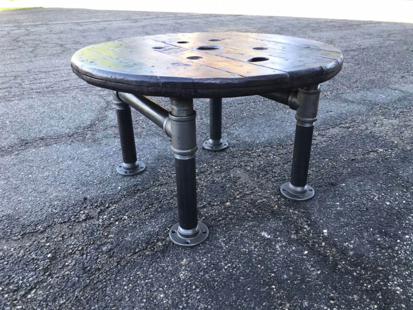 Round Wood Table Spool Coffee Table Industrial Upcycled Wire | Etsy