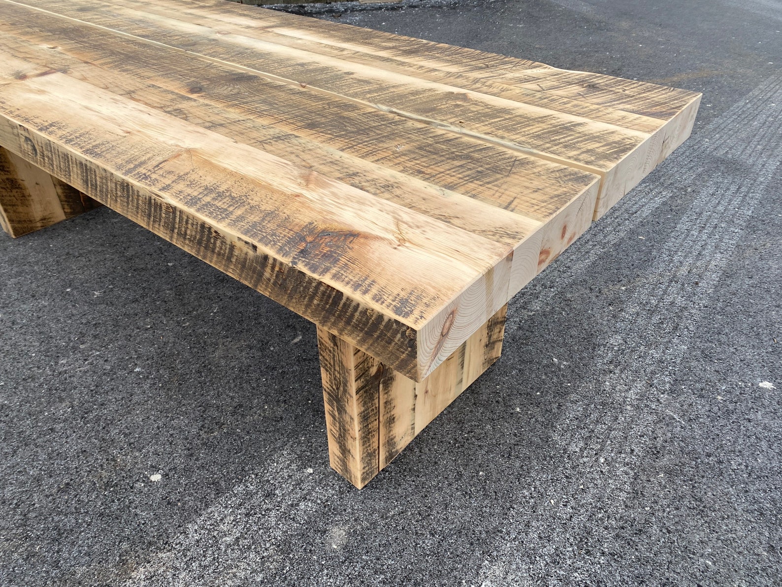 Reclaimed Beam Pedestal Table - Rustic Wood Floating Beam Table - Long ...
