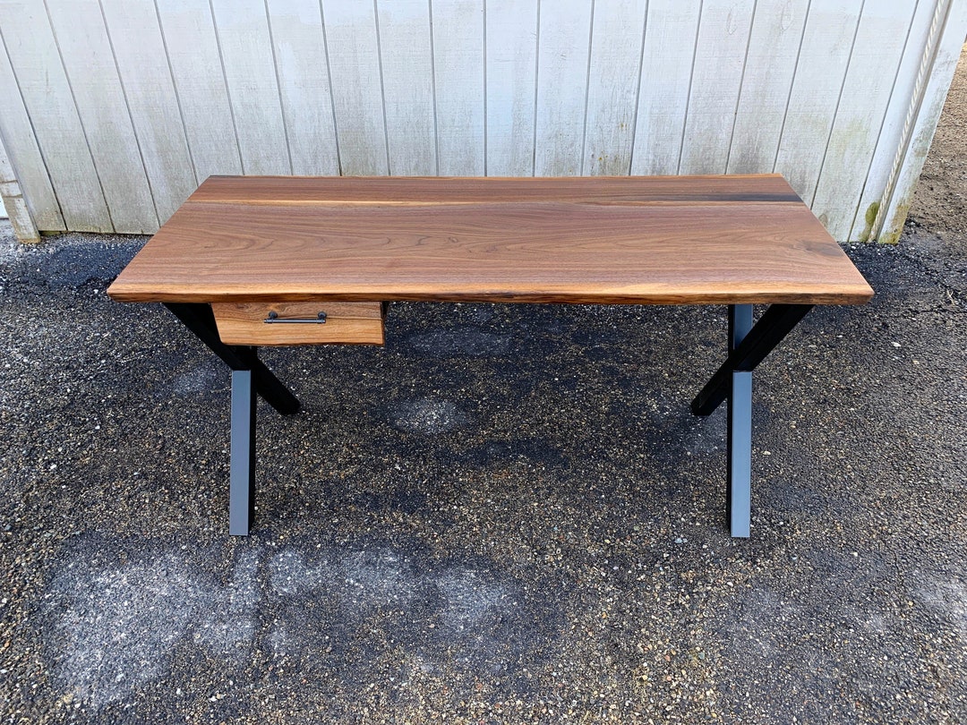 The Essential Desk Solid Walnut Slab Desk With Drawer and X Leg - Etsy
