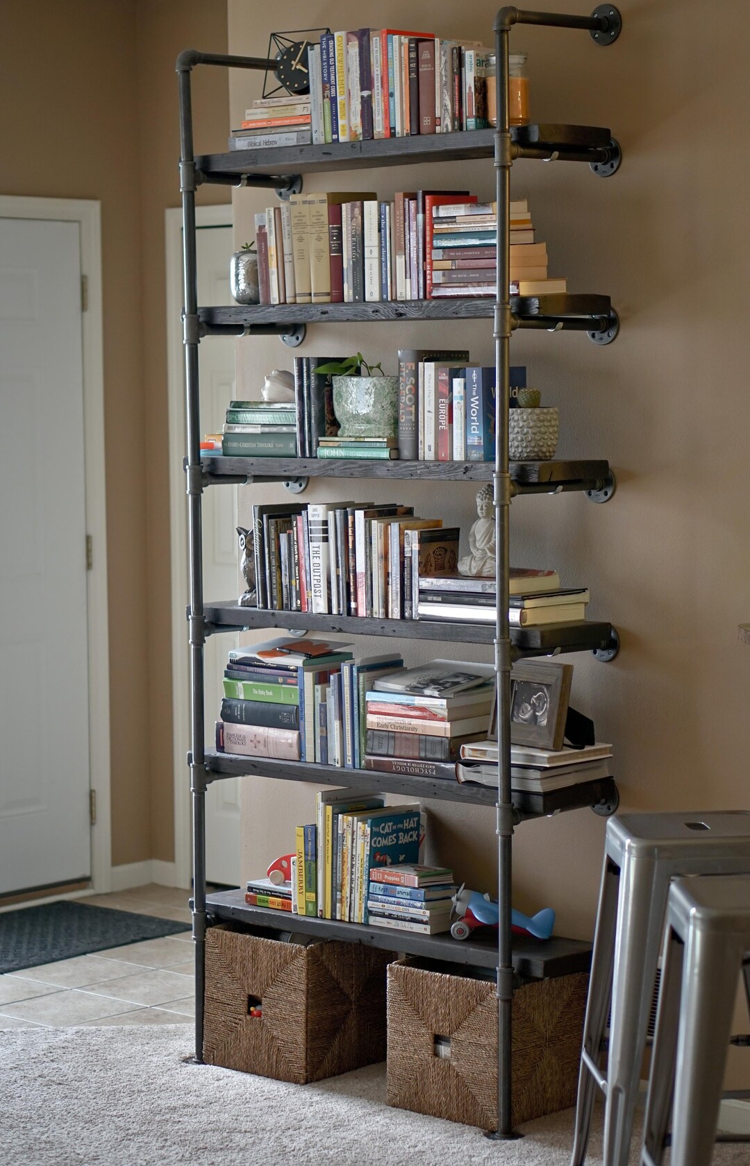 The Atwood Wall Mounted Plank Bookcase - Reclaimed Wood Bookshelf Pipe ...